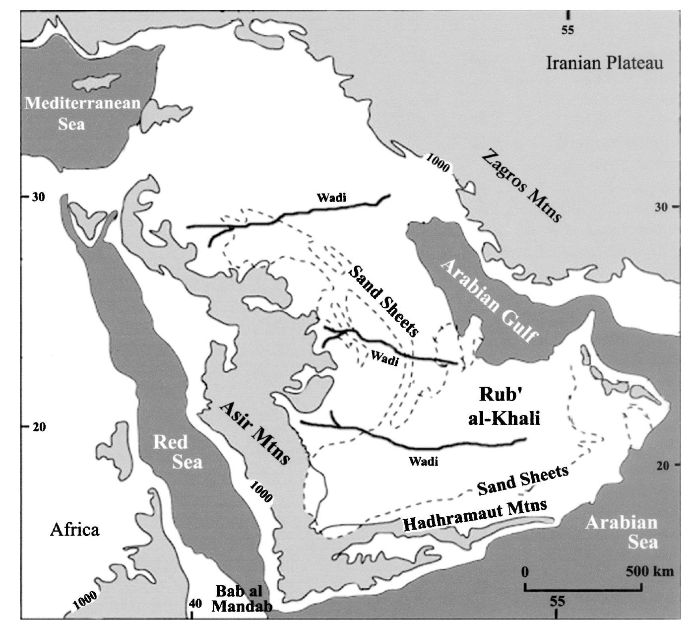 Geographic map of the arabian peninsula showing relief (1000