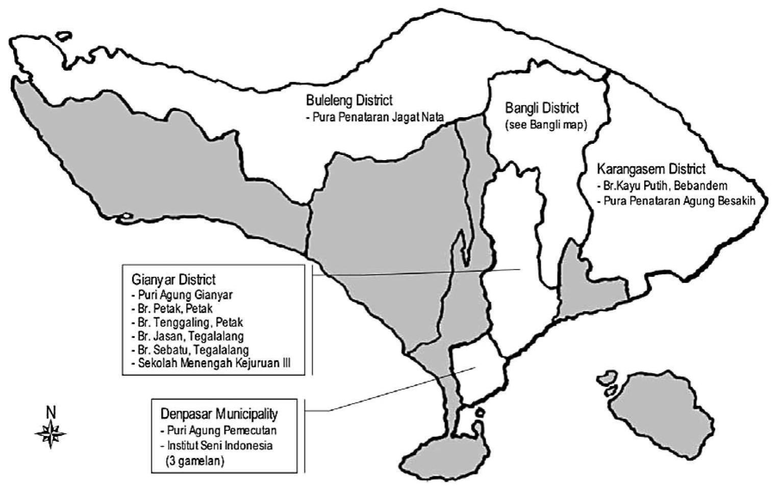 Map of bali illustrating the location of gong gede by