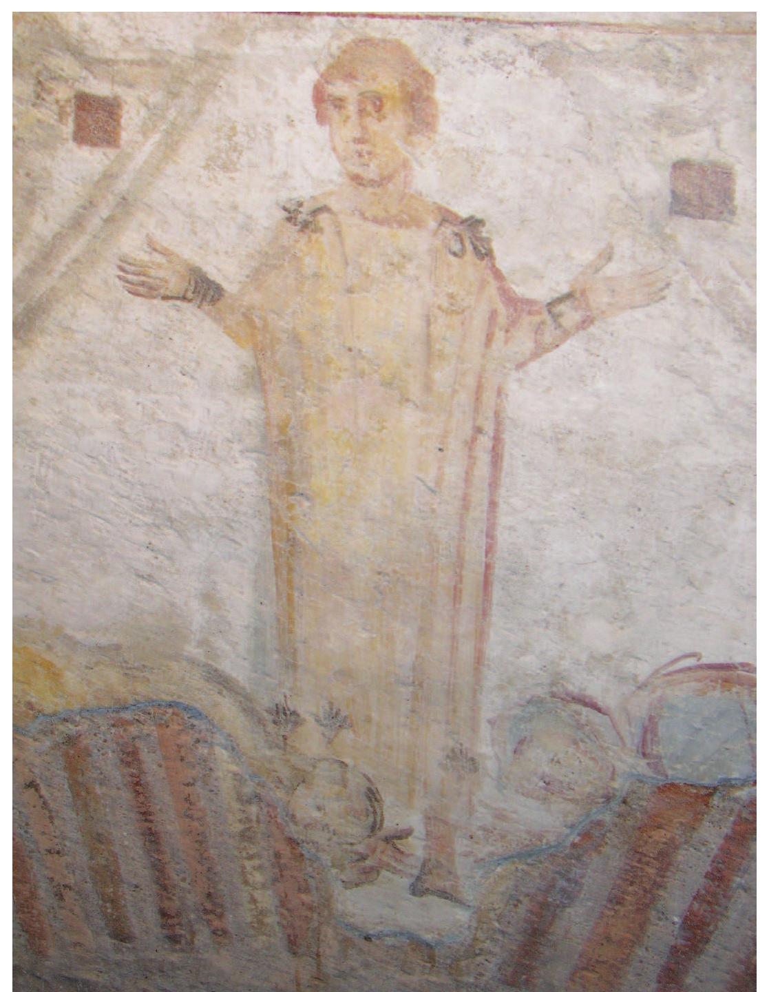 Saint in the orant pose with pammachius and paulina in