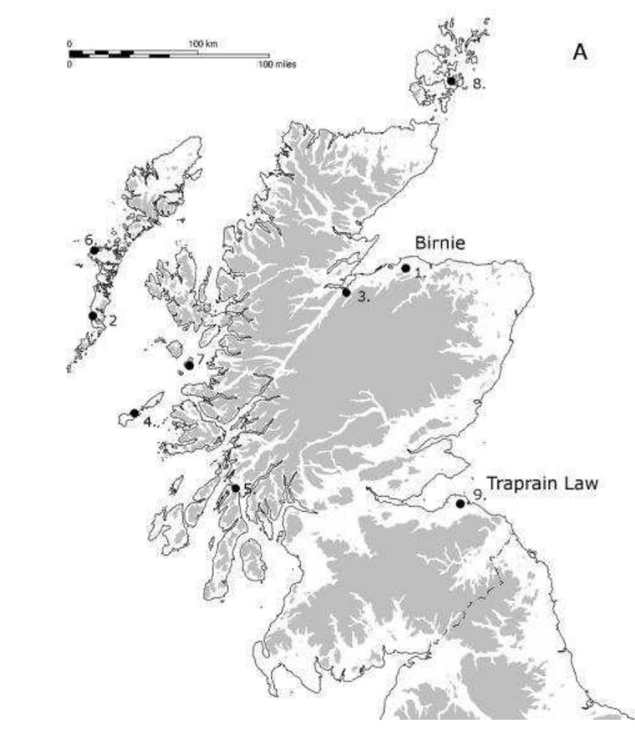 A. map of scotland with the location of birnie and traprain