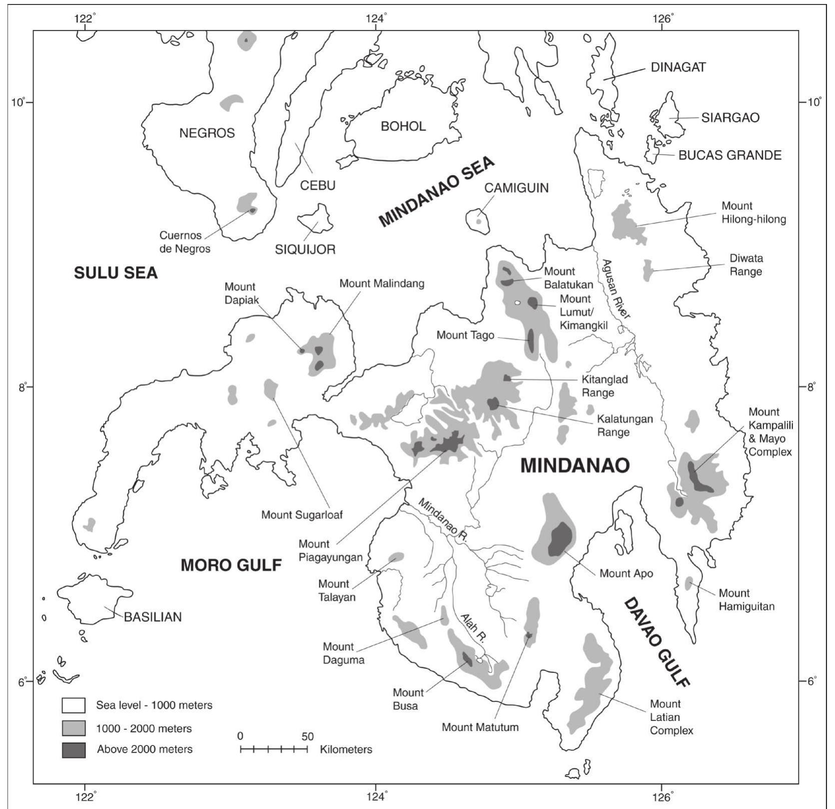 Map of mindanao and adjacent islands showing some major