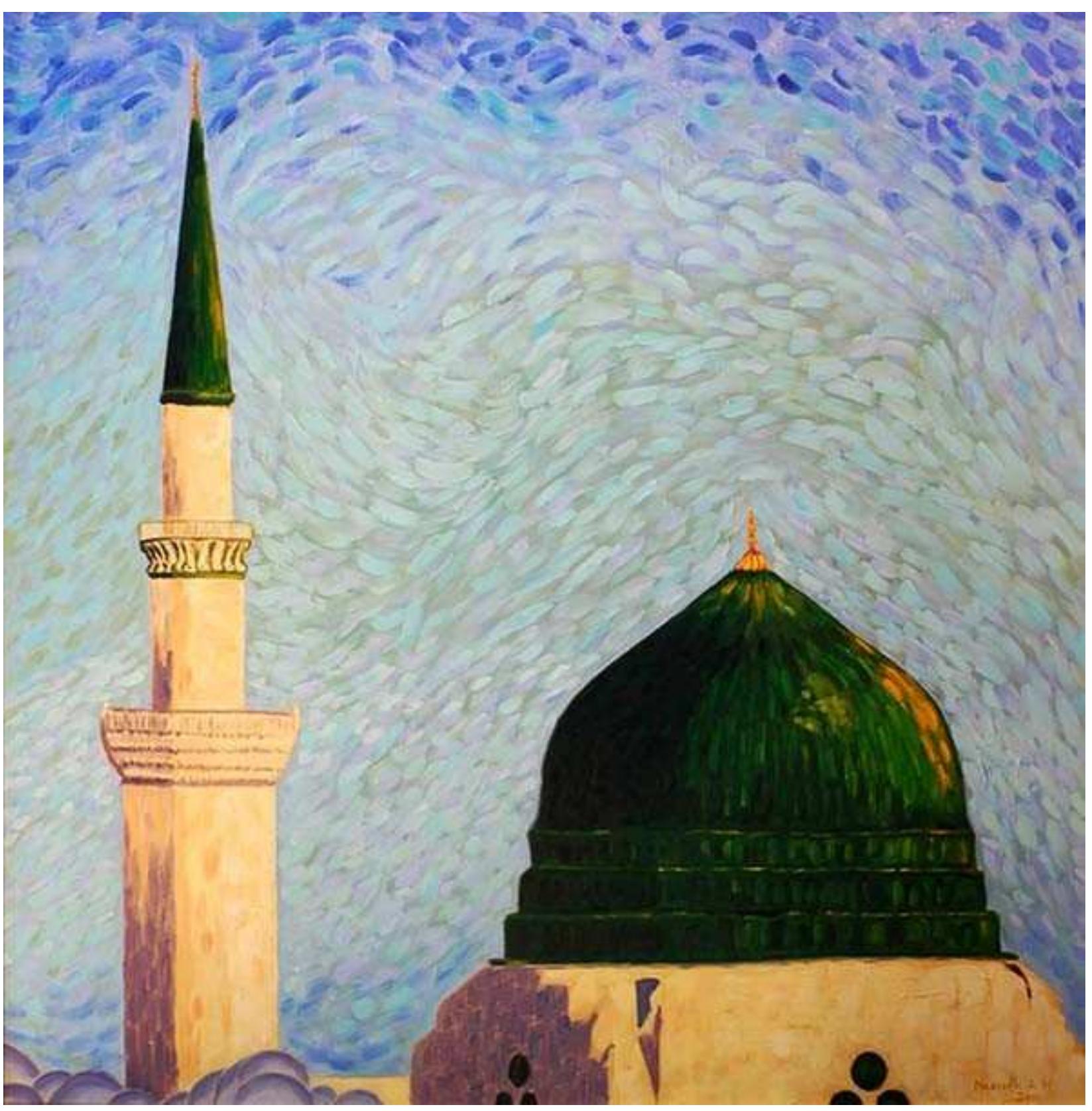 Shows the mausoleum of prophet mohammud(pbuh) in medina. the