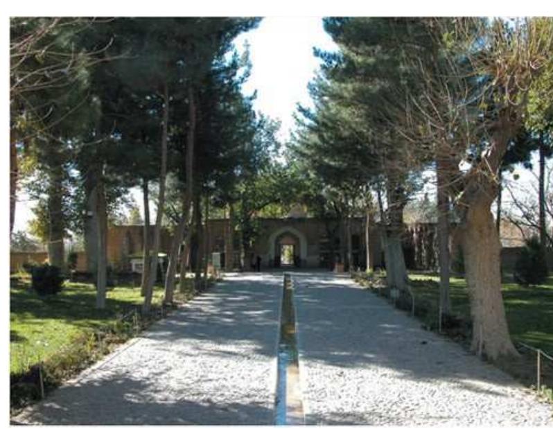 Showing the steep water channels in the gardens of qadamgah.