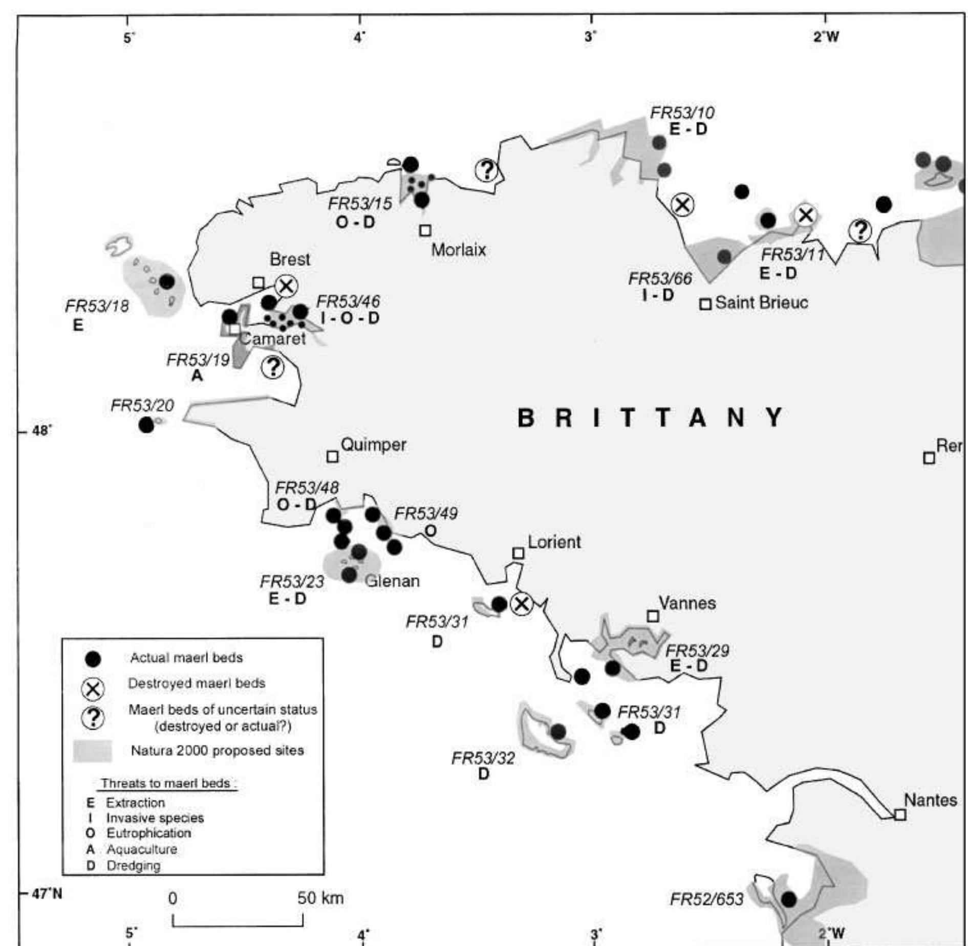 Map showing the location of maer! beds in brittany, their