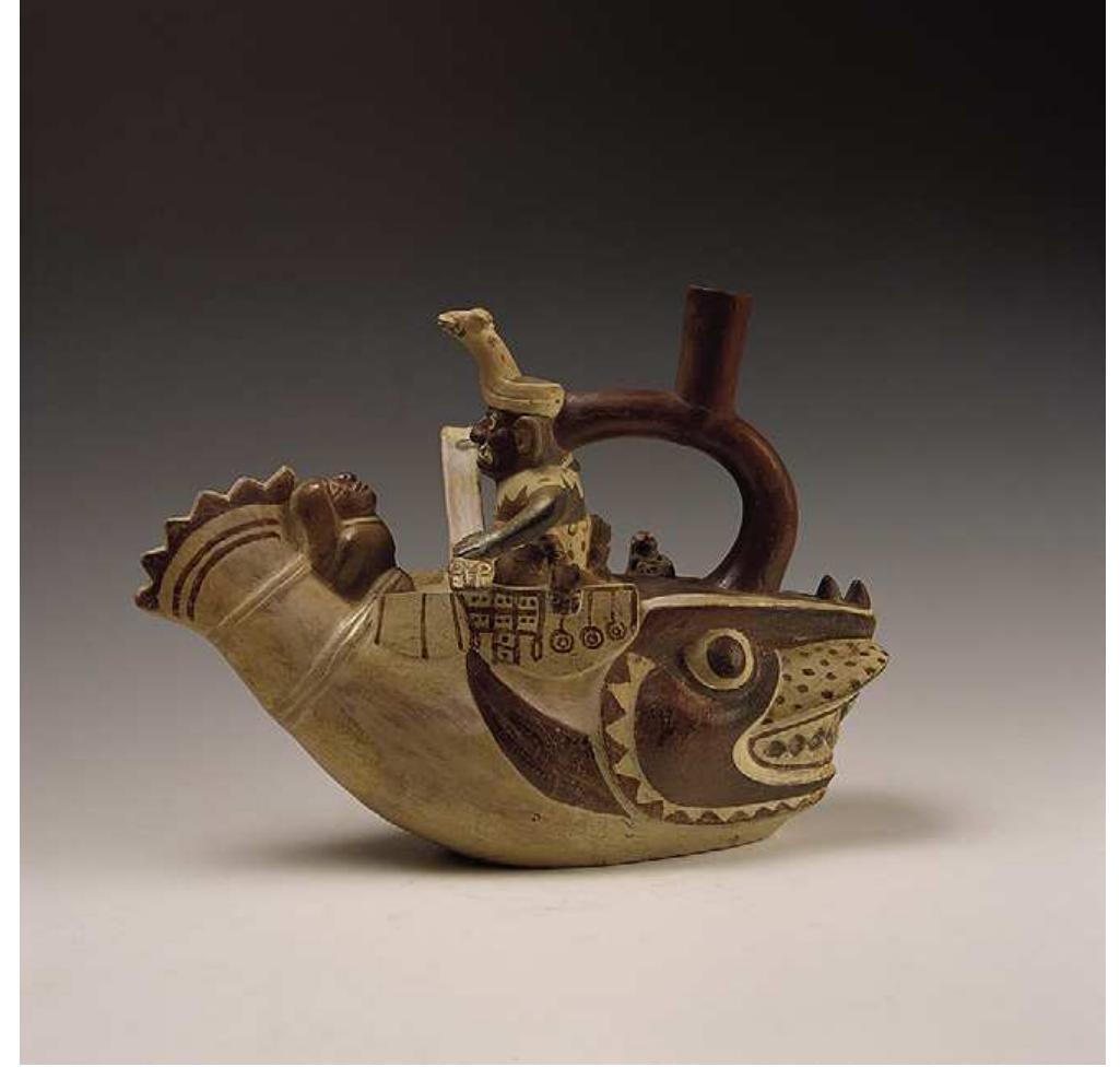 Moche vessel depicting a boat containing a captive and an
