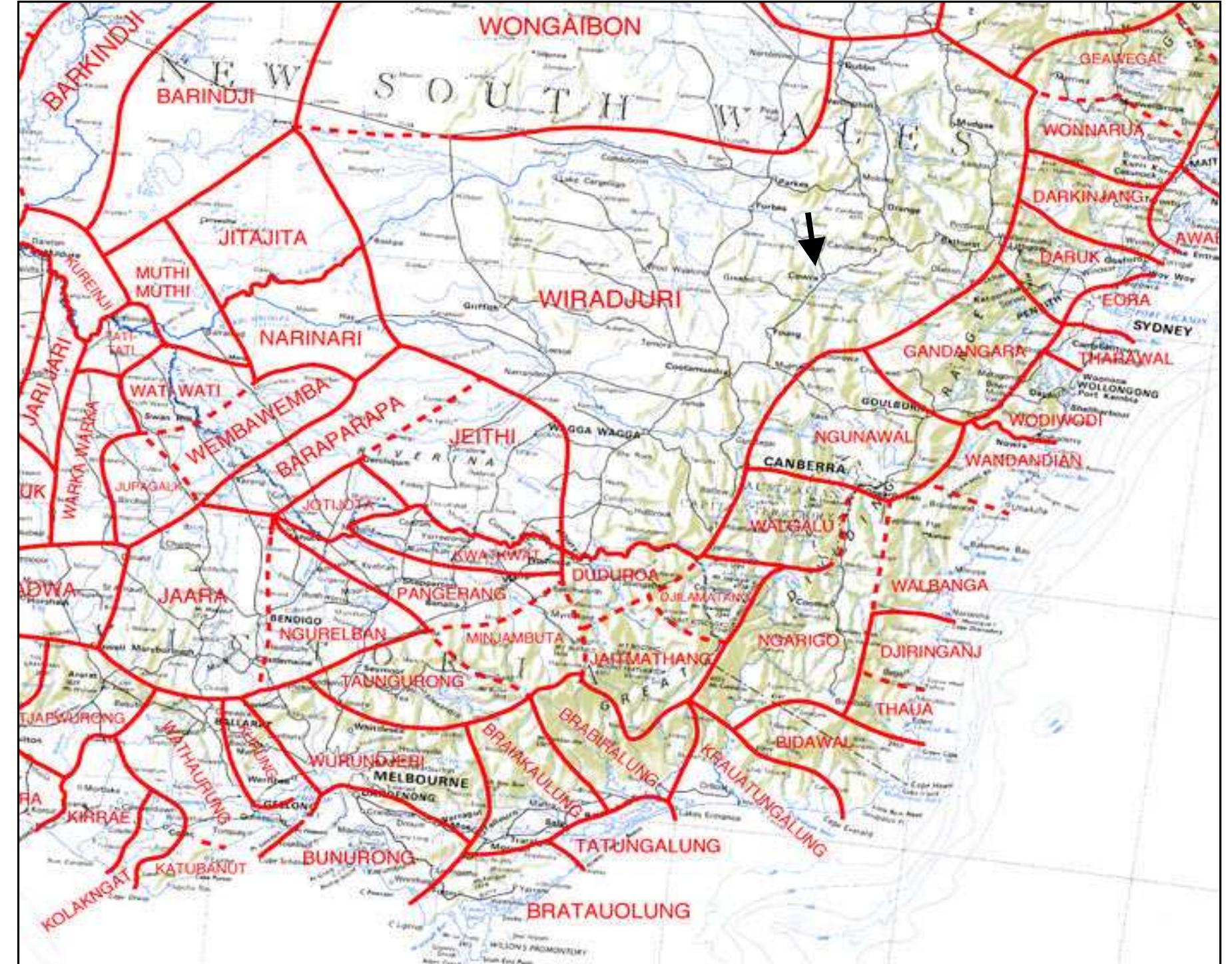 Tindale's 1974 map. the location of cowra is indicated by