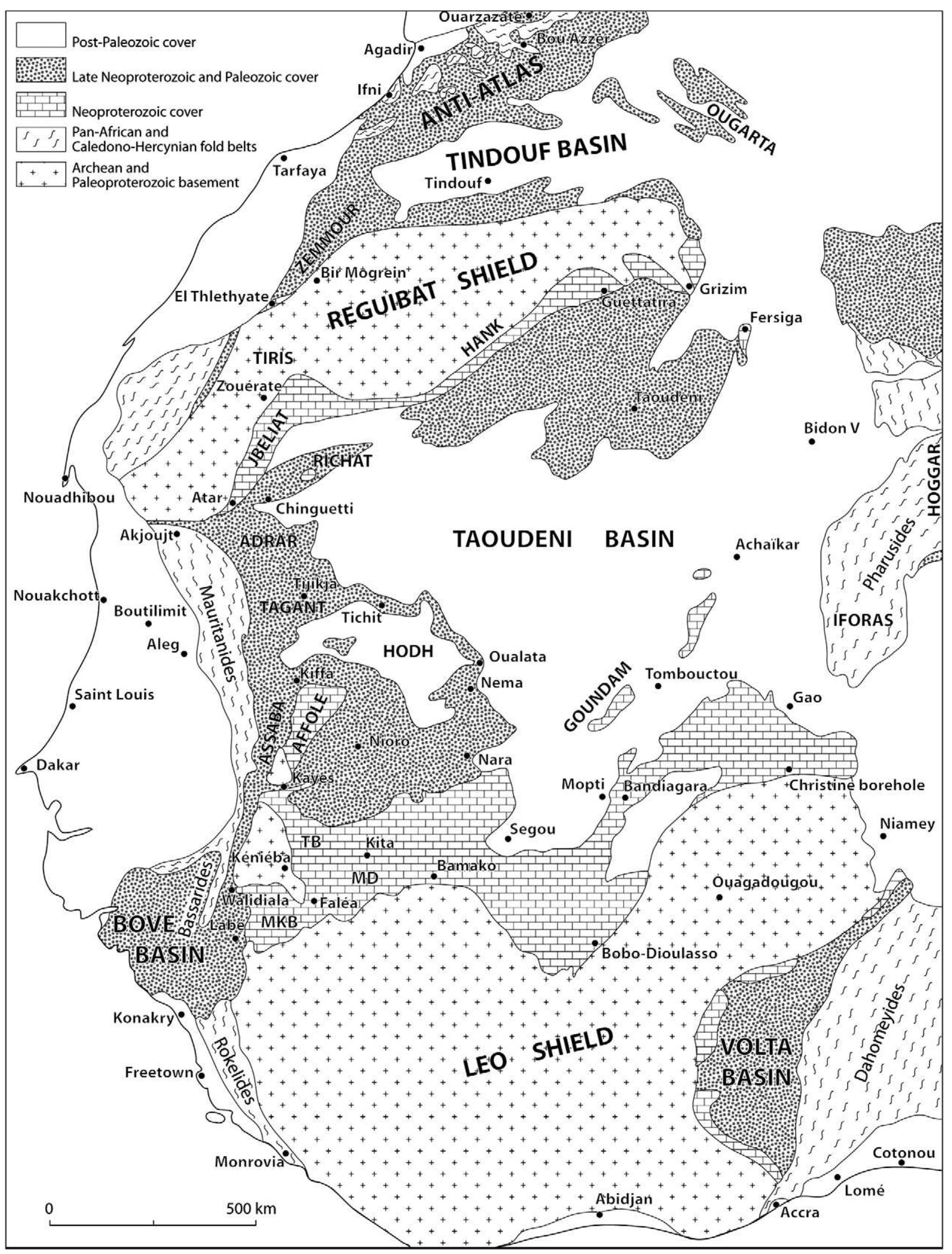 Simplified geological map of the taoudéni basin and adjacent