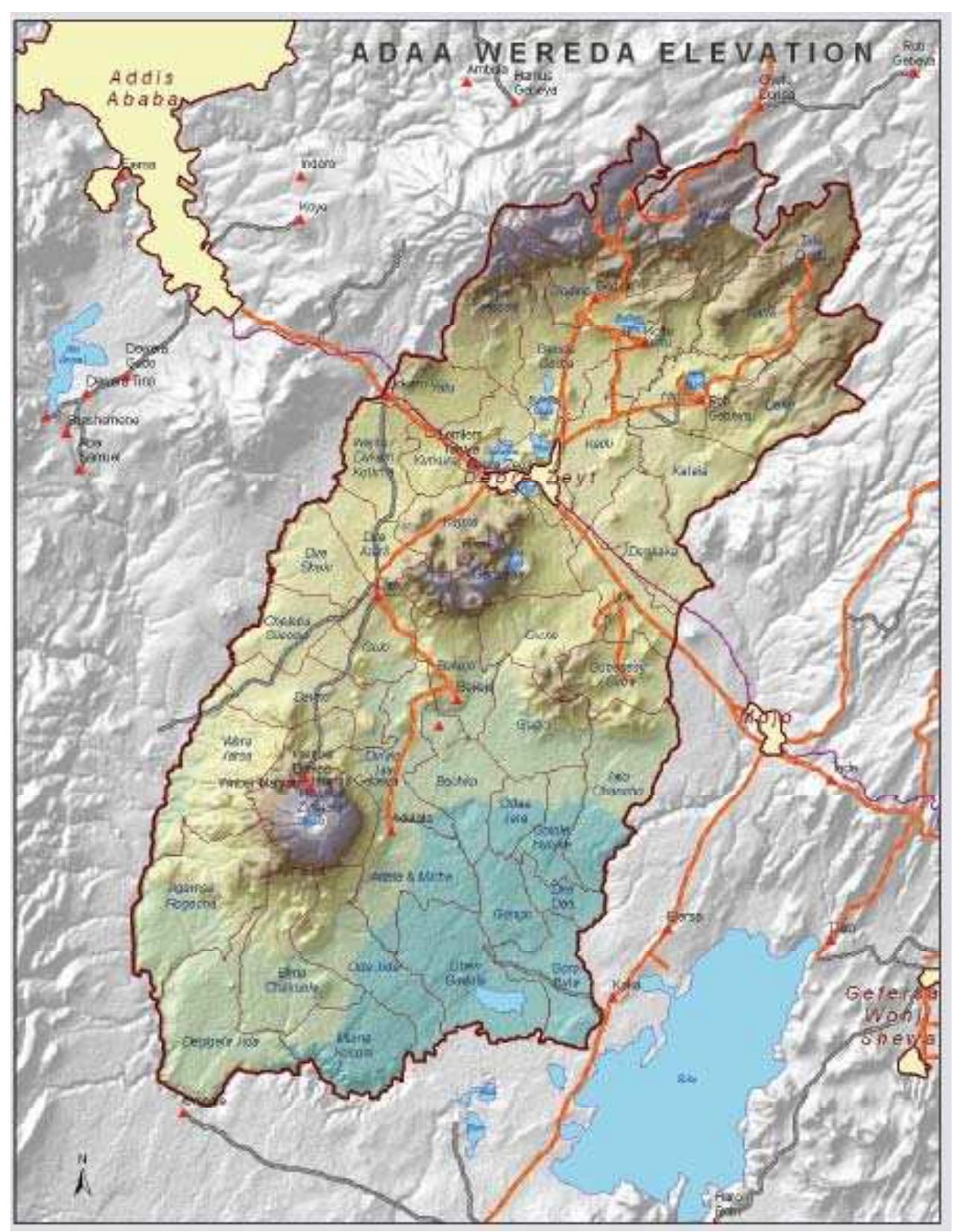 Elevation map of ada’a-liben woreda (2005).