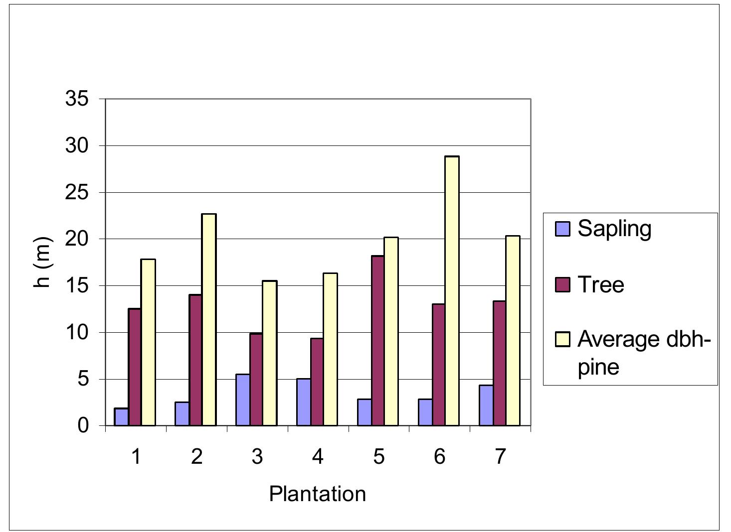 Heights of saplings, trees and average-dbh pines in each