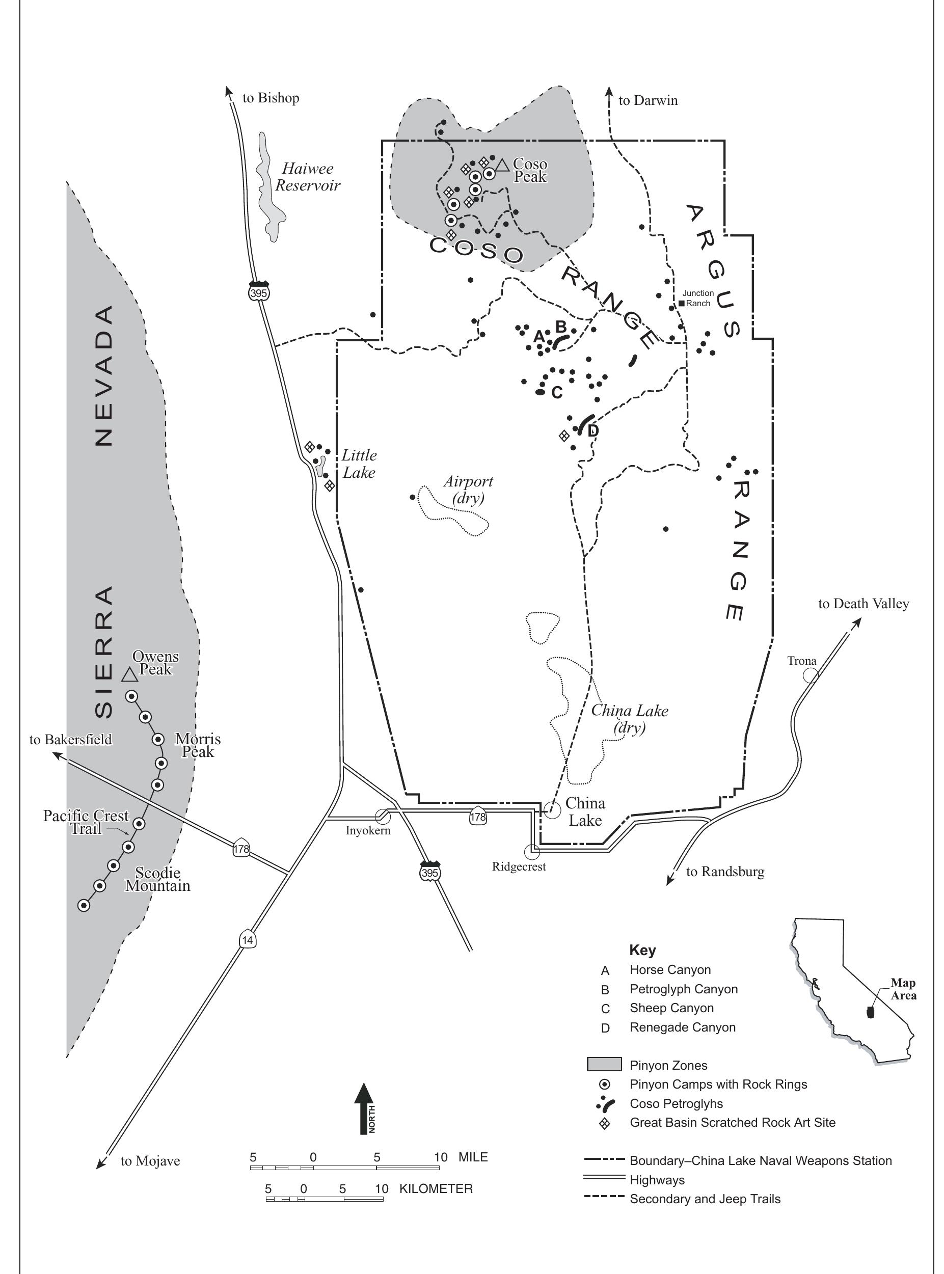 7 coso representational petroglyphs, pinyon zones, pinyon