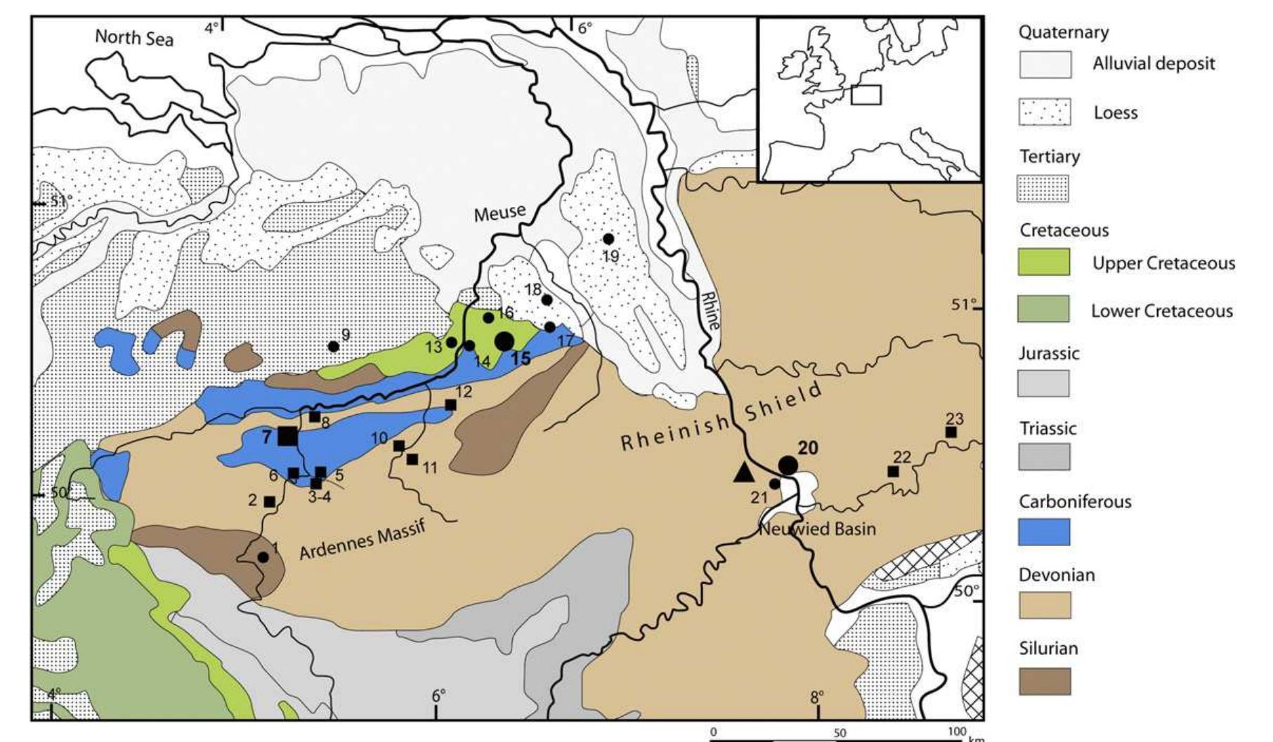 Geological map showing the locations of the magdalenian