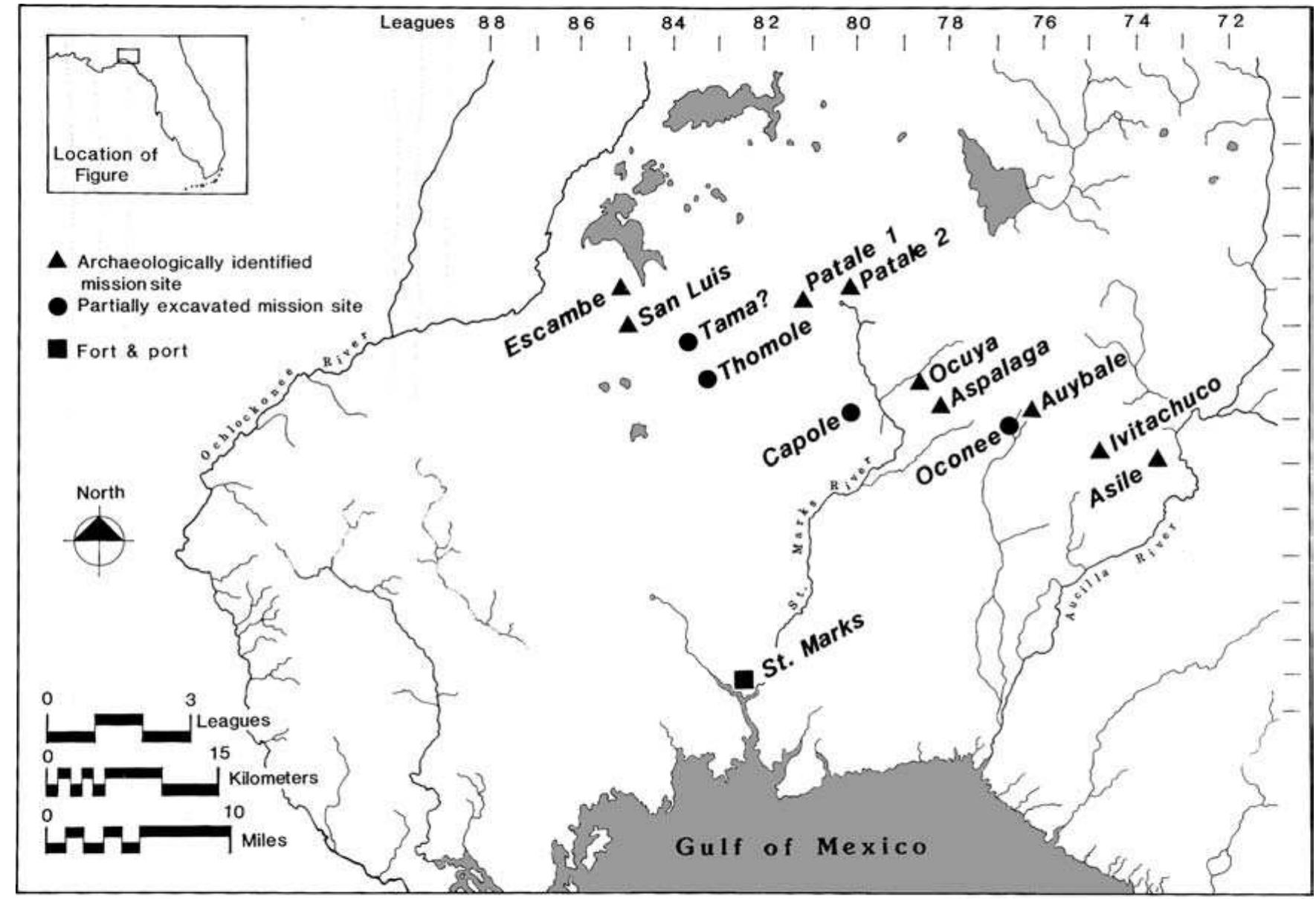 Map of apalachee mission settlements during the seventeenth