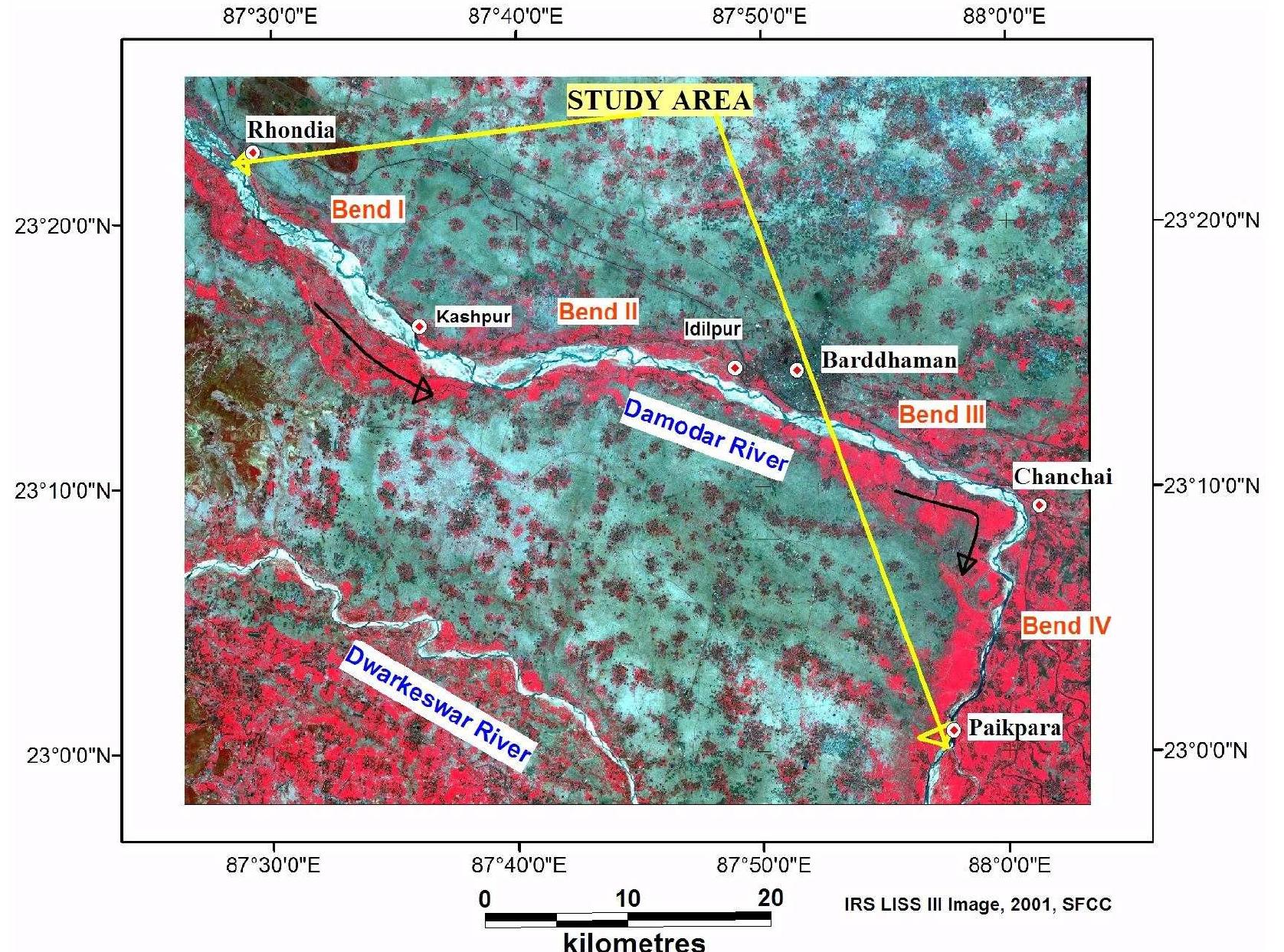 Satellite image showing locations of four bends of damodar