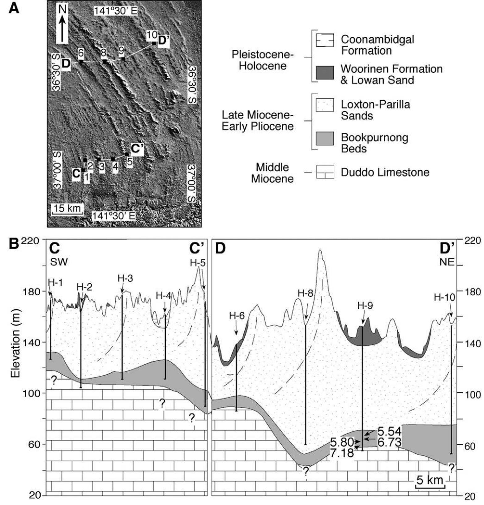 Cross-sections showing the stratigraphic thickness and