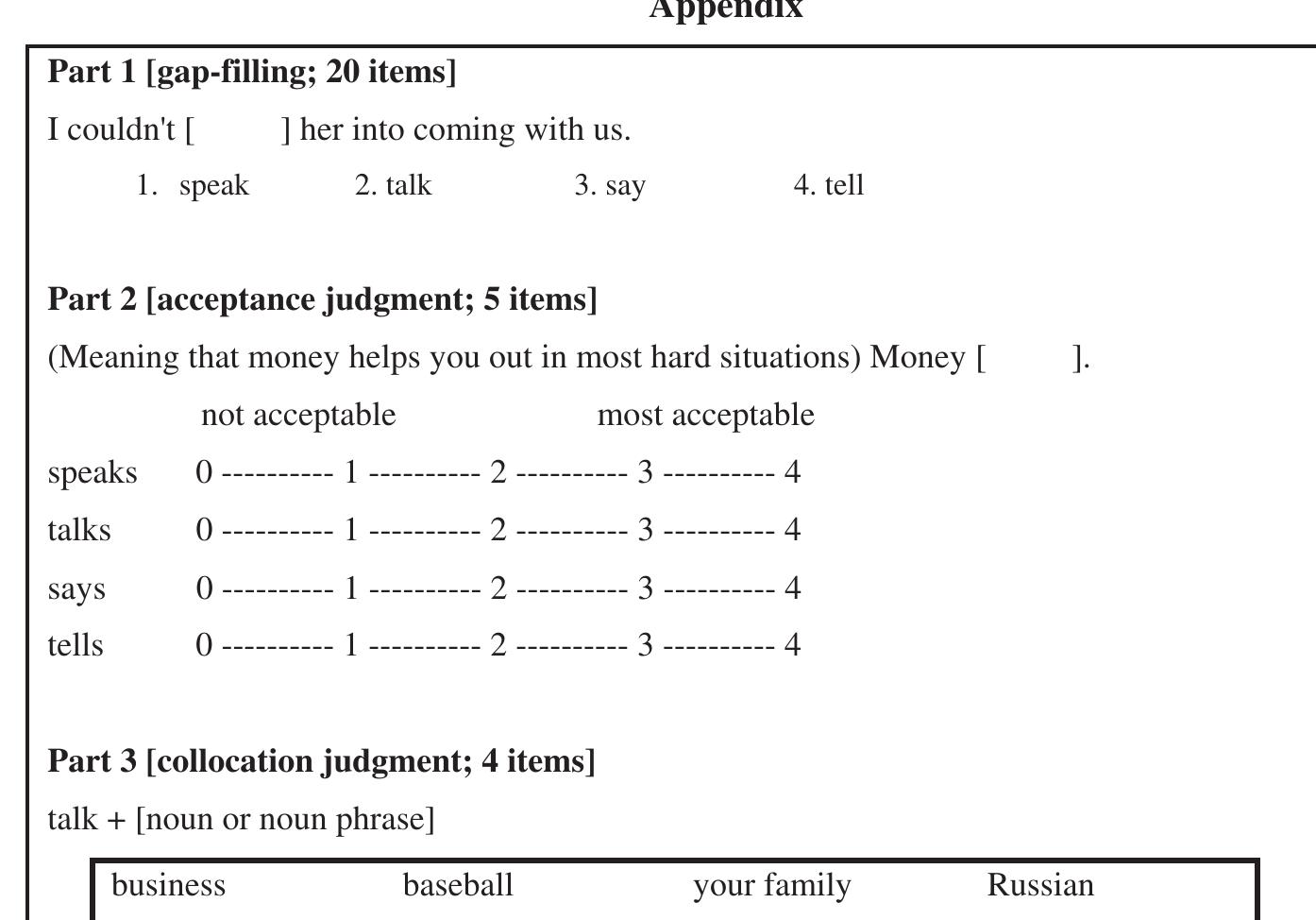 Appendix: examples of parts 1-3 of the questionnaire.
