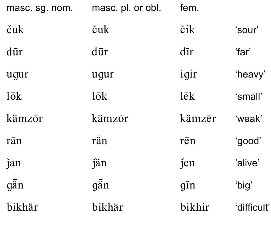 Chart 7: inflection of kalam kohistani adjectives