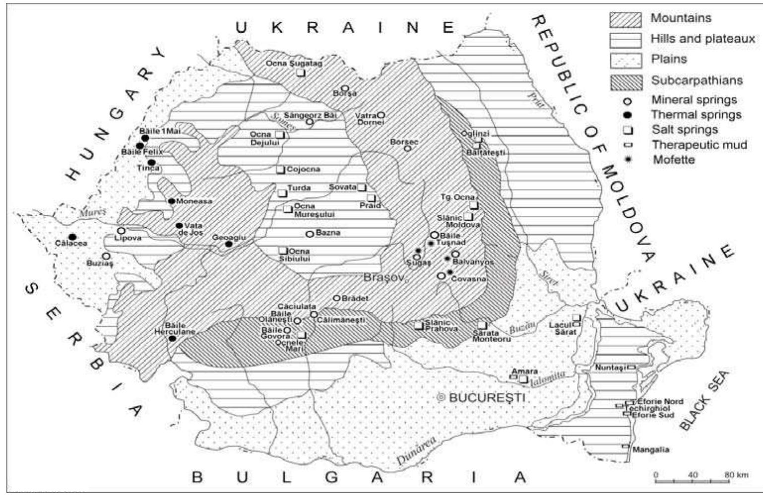 Map of the spa resorts in romania small spas, such as amara,