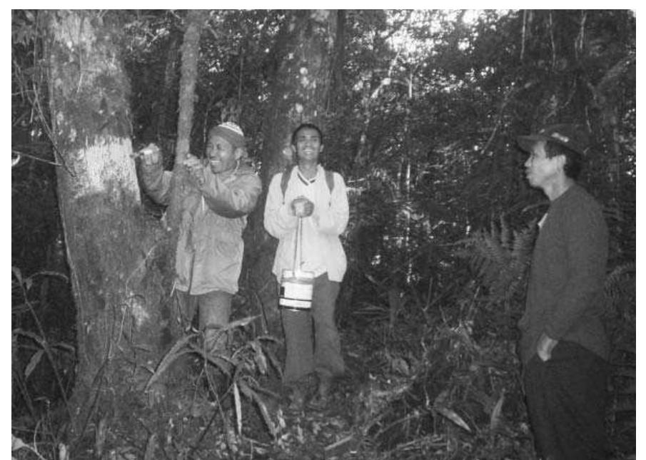 Volunteers share a light moment as they mark boundaries in