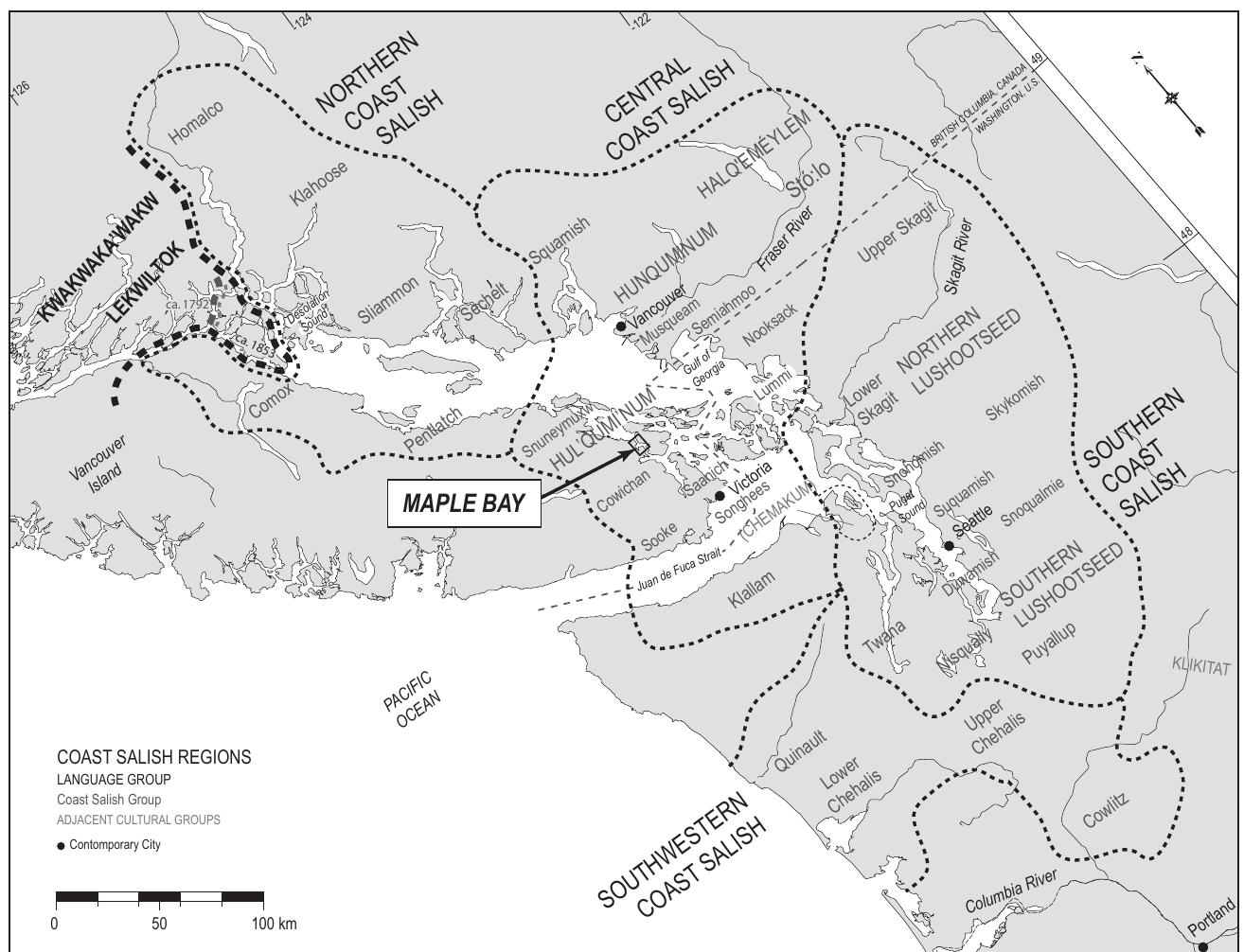 Map of coast salish territory indicating many of the groups