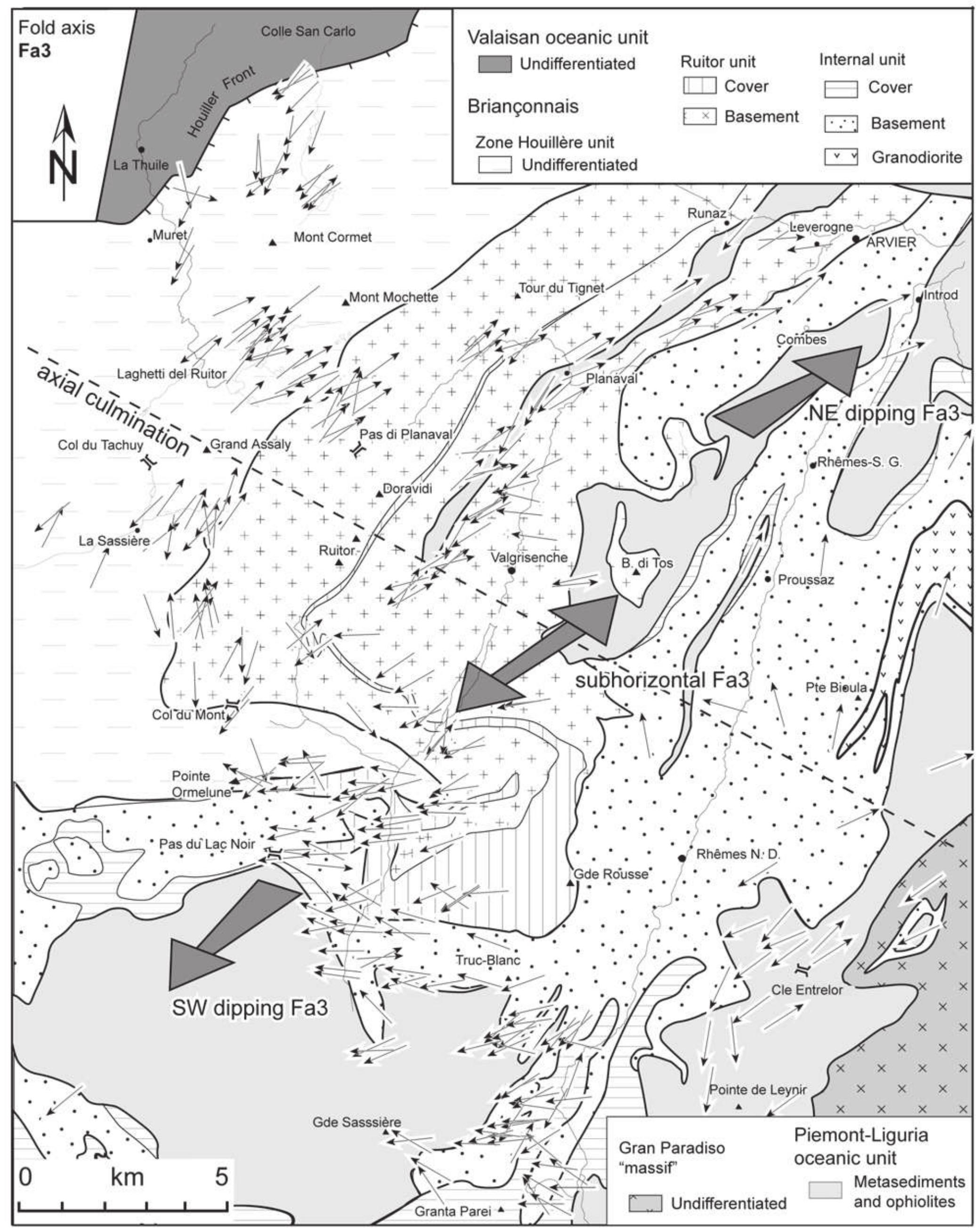 Map of f3 fold axis. grey arrows display the geographic