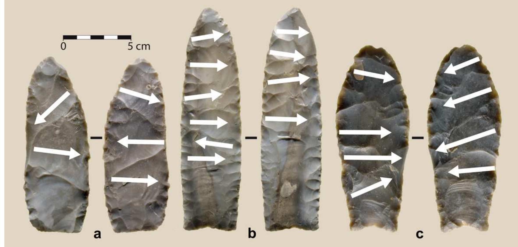 Examples of bifaces that display alternate-opposed (a),