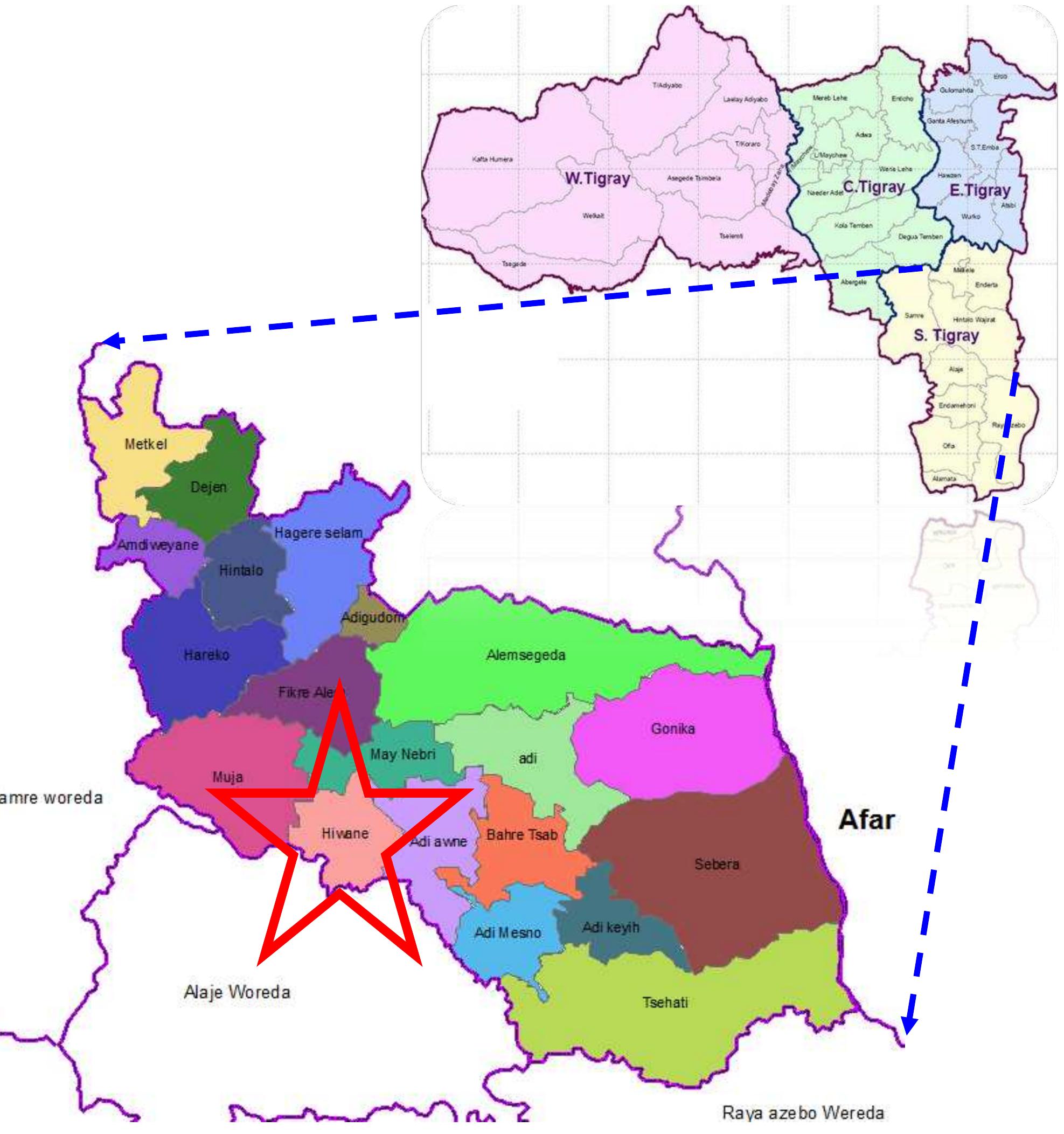Map of tigray (top) and hintalo wejerat district with the 20