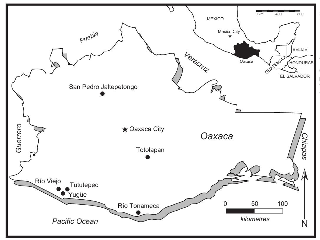 Map of mesoamerica and oaxaca showing location of sites