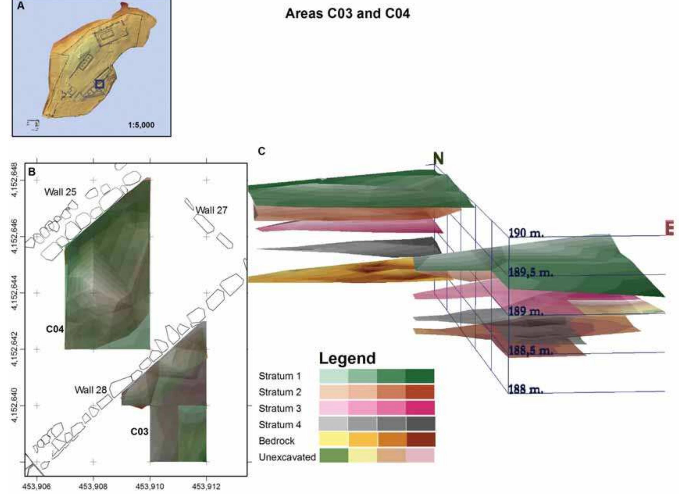 Areas c03 and c04. (a) digital terrain model of the