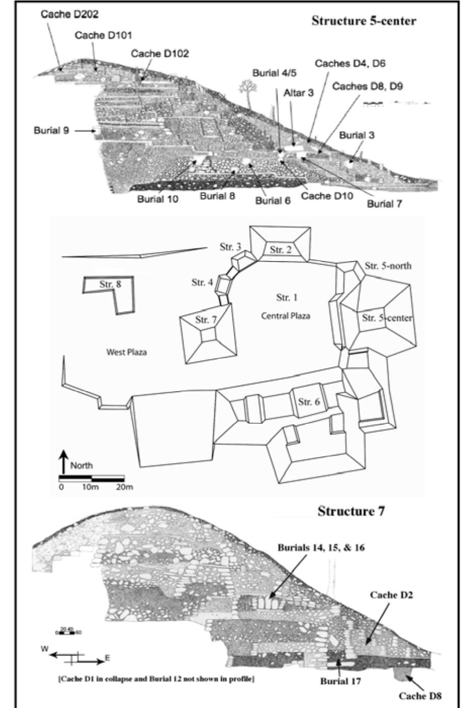 Map of the chan site center and cross-sections of the east