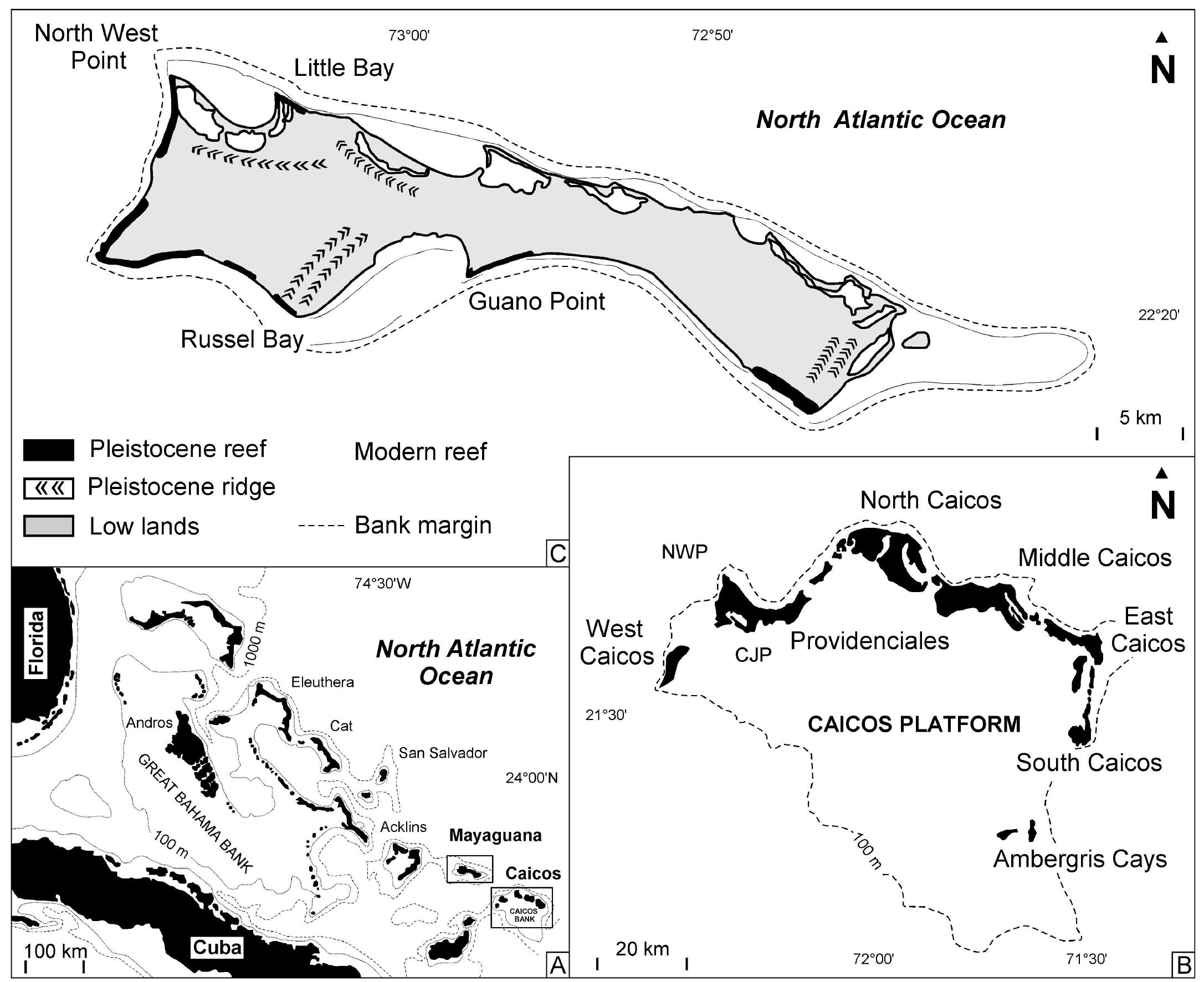 —a) location map of the mayaguana and caicos platforms; b)