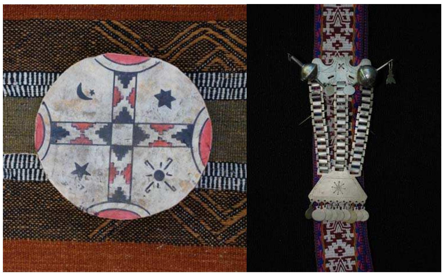Mapuche kultrun (drum) and prenteor (pectoral) with ponshons