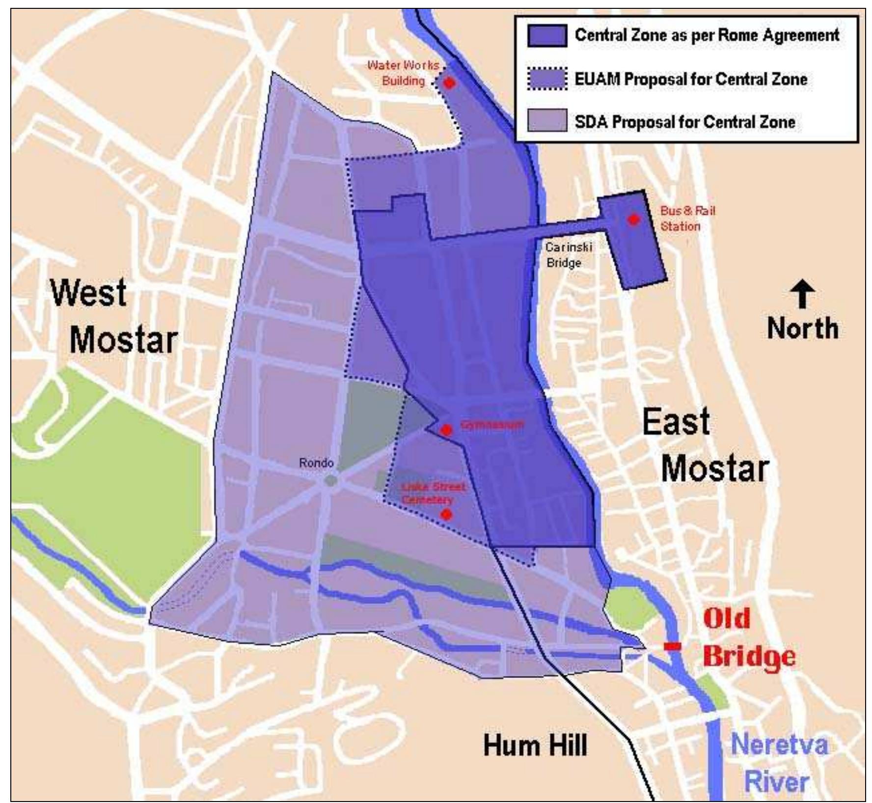 Map of mostar showing the boundaries of the euam and sda