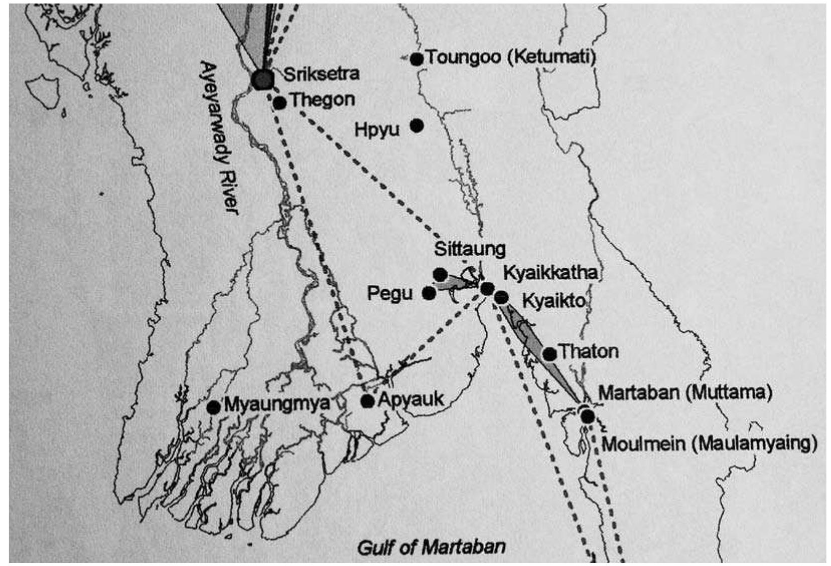 Map of lower burma. distribution of gulf of martaban coin