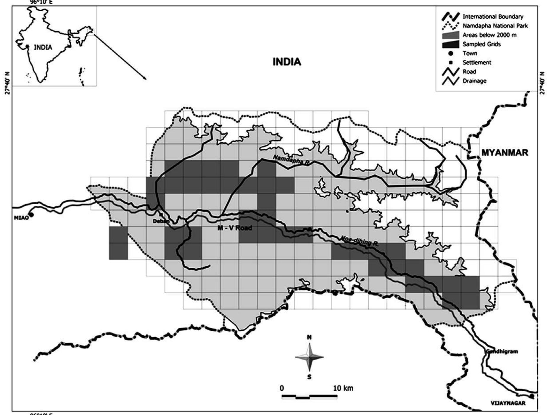 Ig. 1 - map of namdapha national park showing 3 x 3 km grid