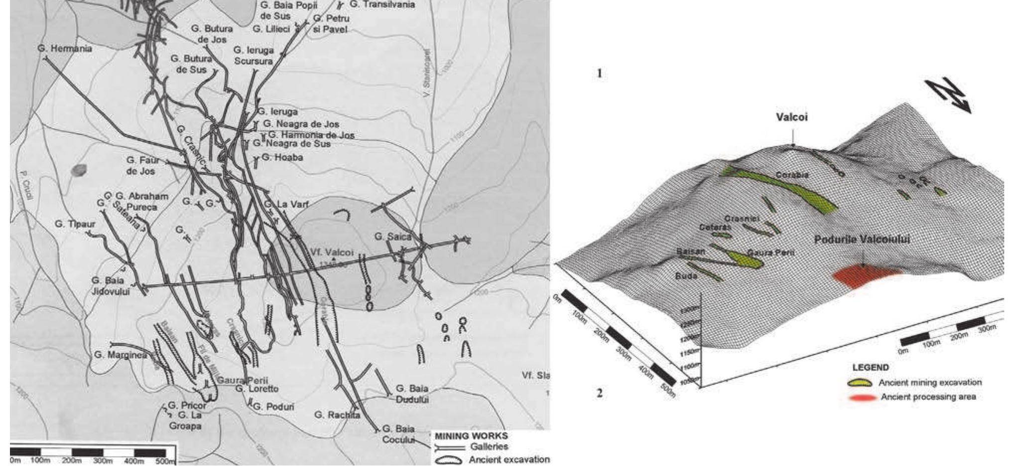 Pl. vil. bucium: map (1) and 3d model (2) of modern and