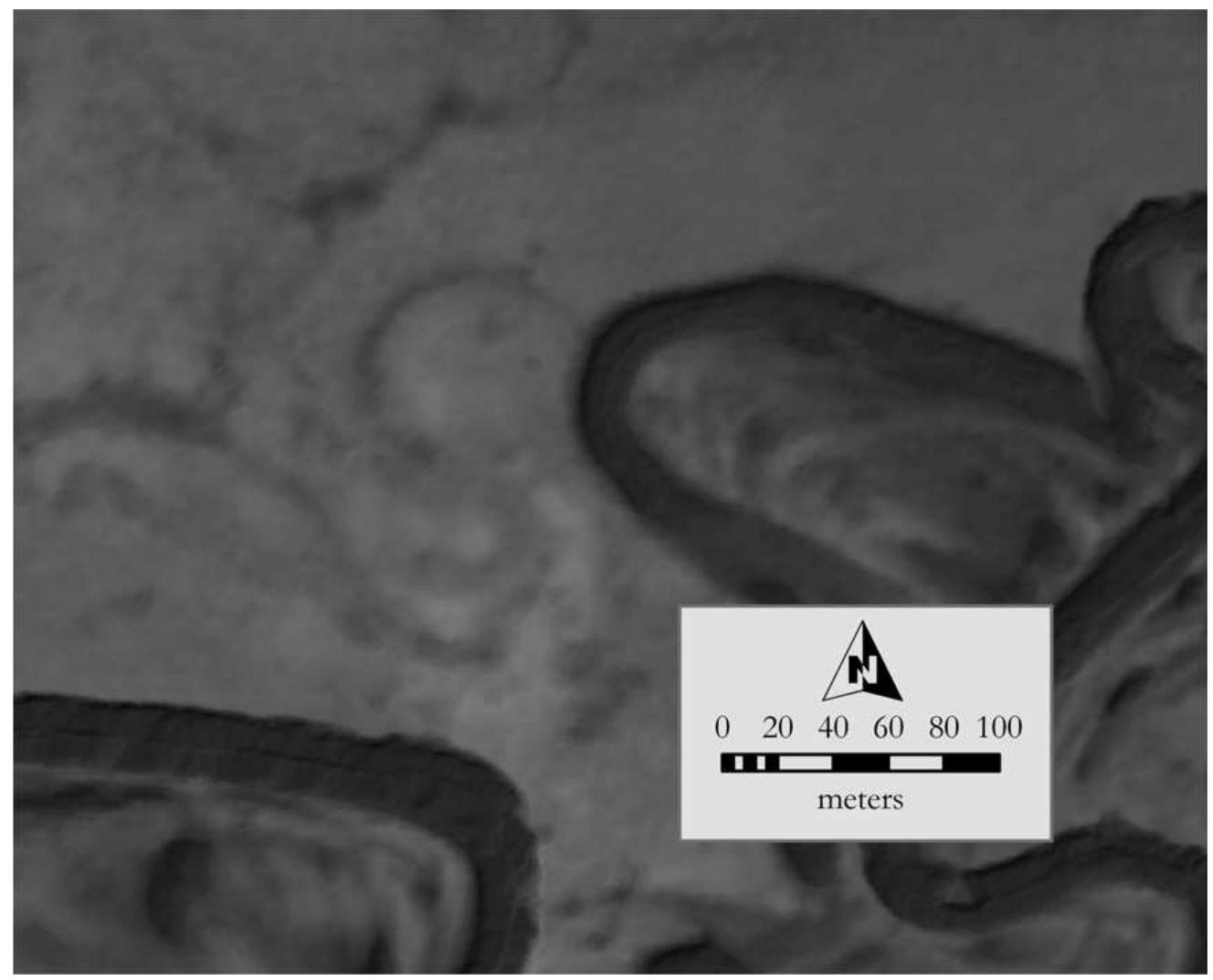 Lidar stretched map of circular oxbow lake feature across