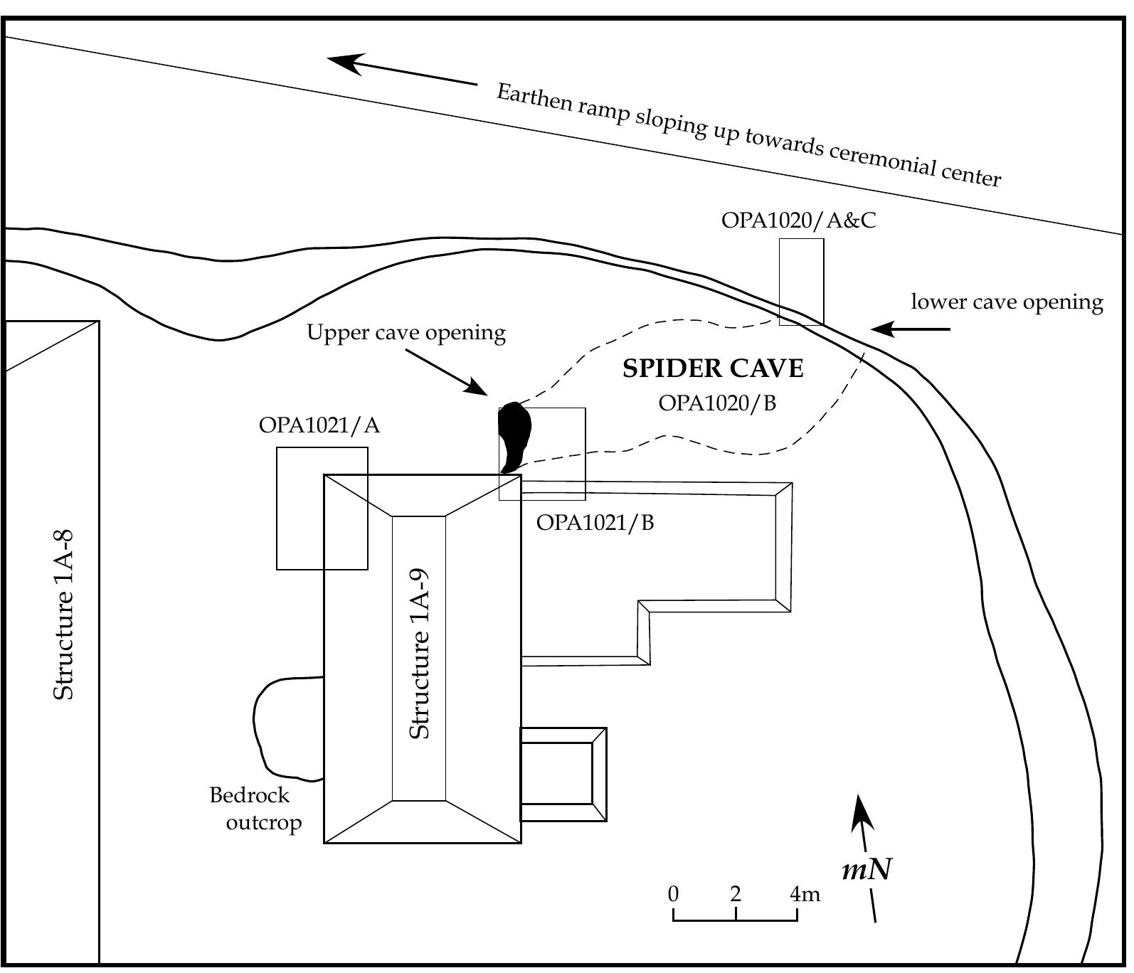 Plan map of the shrine (1a-9) and surface excavations.