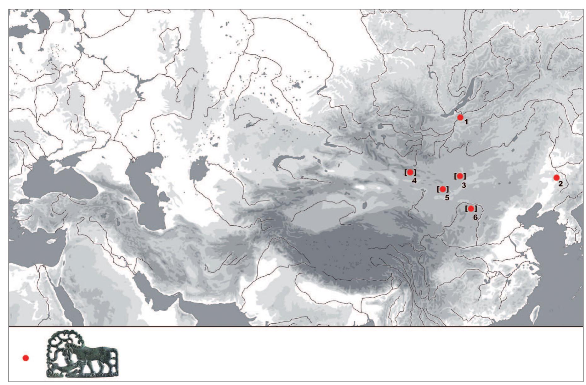 Distribution map of p-shaped, openwork bronze belt plaques