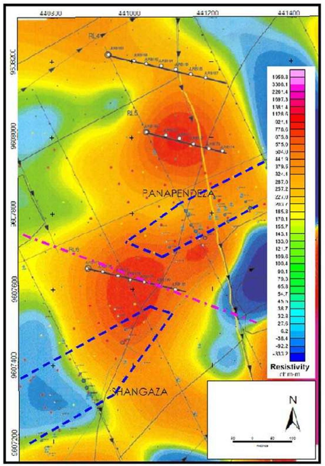 - offset mineralized zones (blue lines) on drill/resistivity