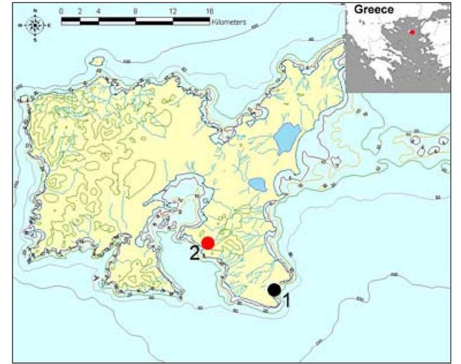 Bathymetric map of the island of limnos with the location of
