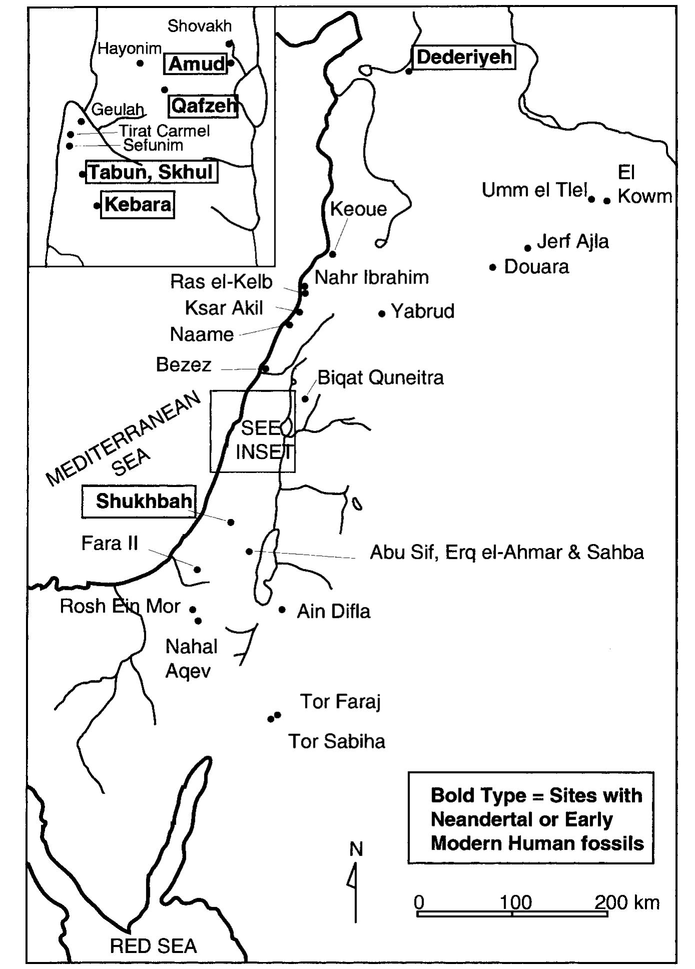 Map showing key levantine middle paleolithic sites discussed