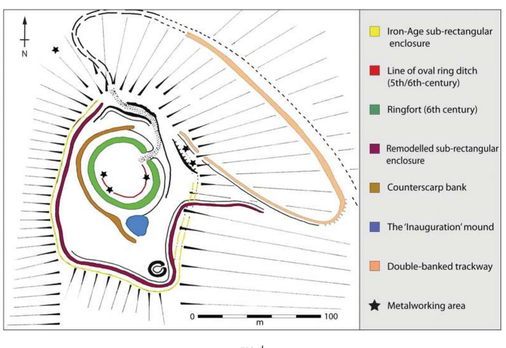 Colour-coded plan of clogher earthworks. drawing by p