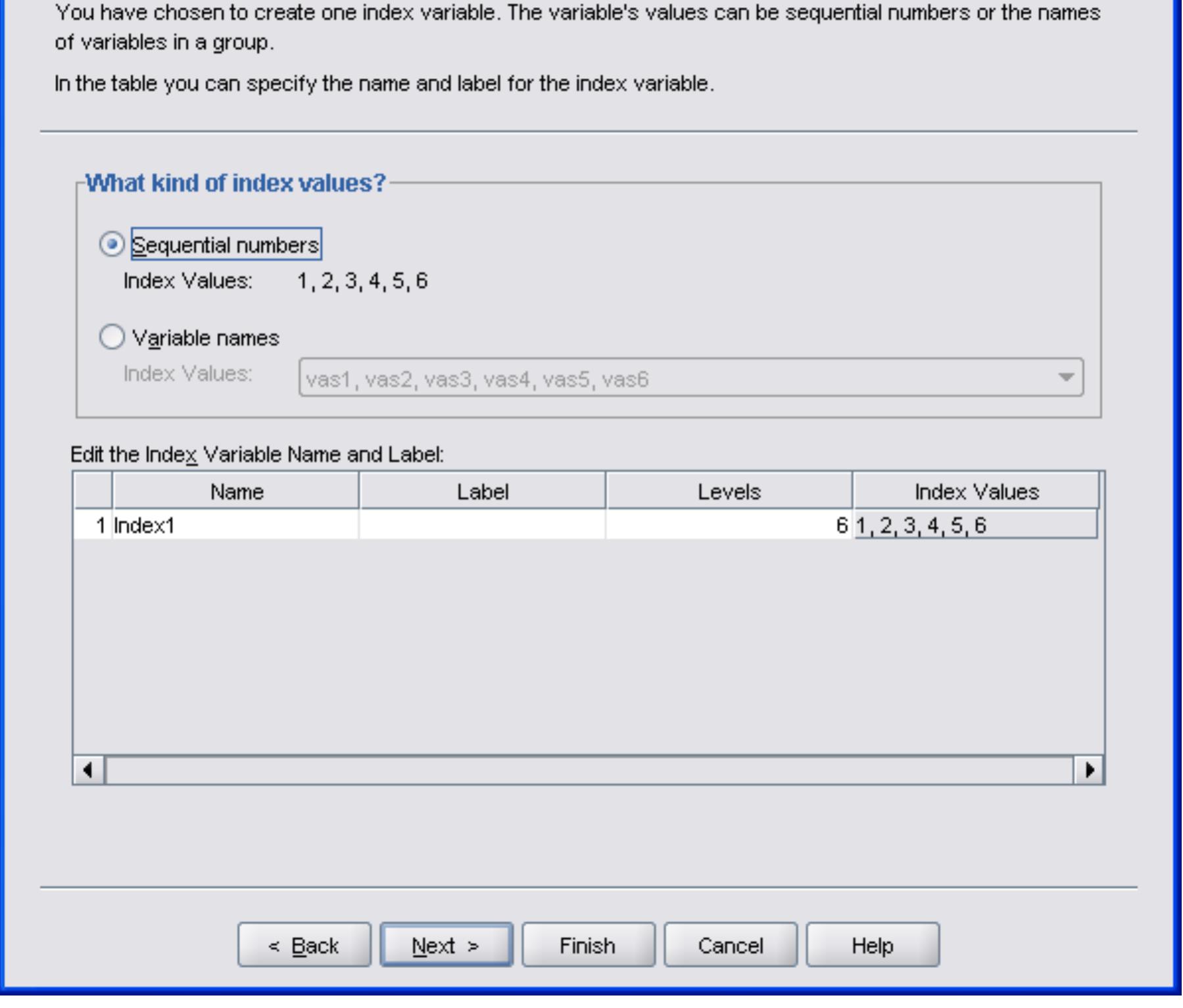 Variables to cases: create one index variable