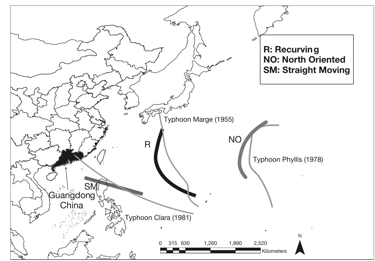 Tropical cyclone paths (thin lines) for typhoons clara,