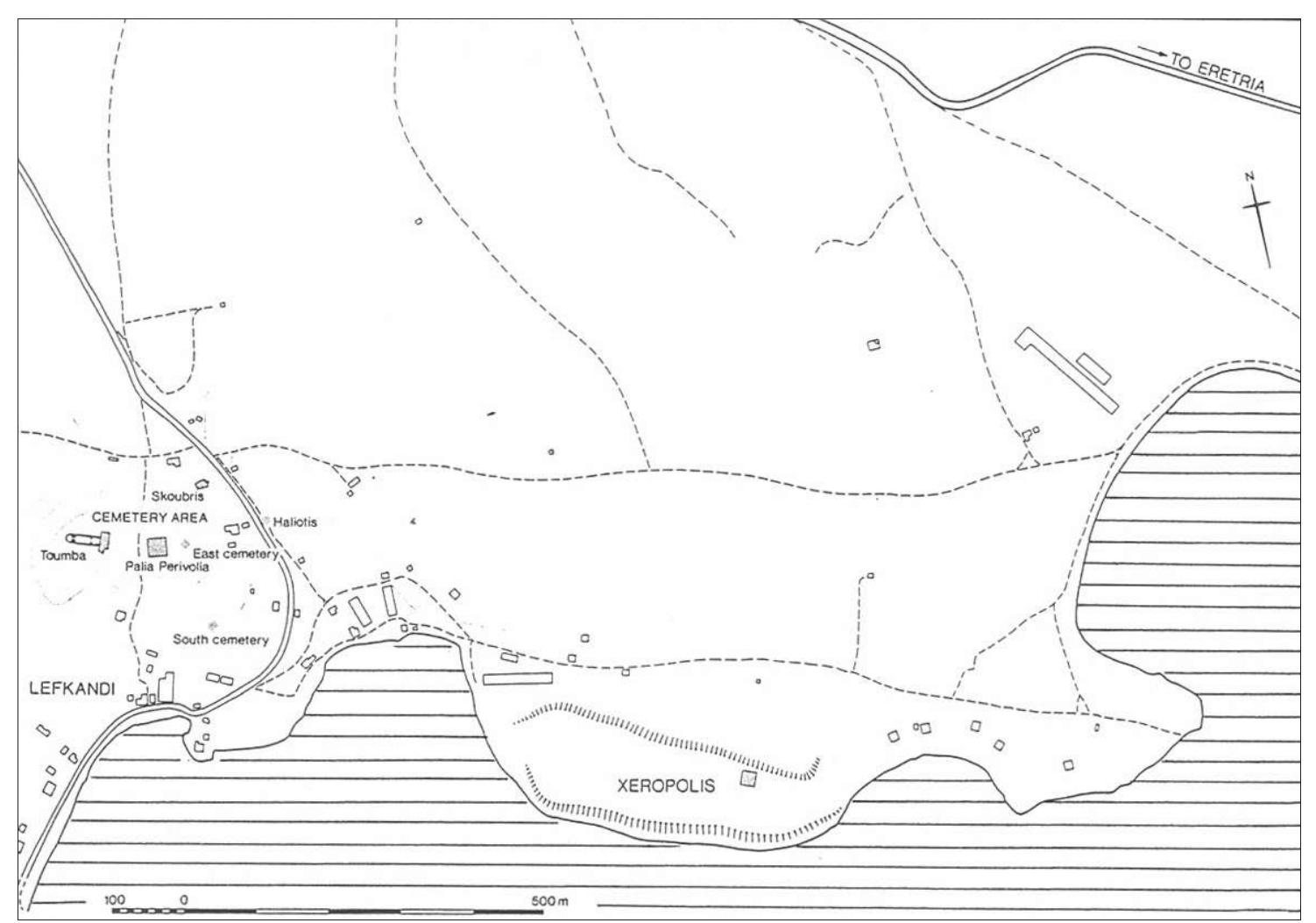 Map of lefkandi: toumba and xeropolis hills (drawing couton,