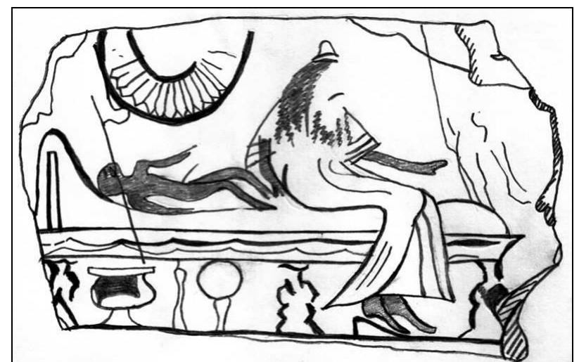 Drawing of a figured ostraca, deir el- medina, example of