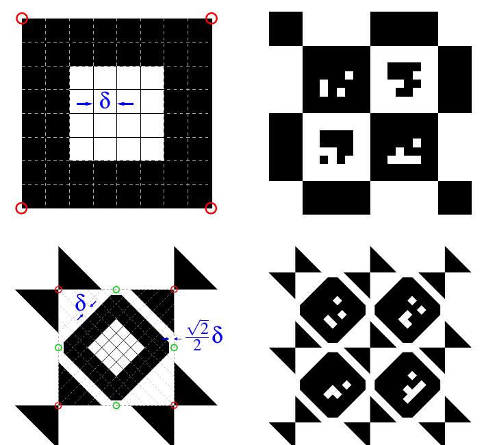 Top left: basic caltag marker. top right: checker- style
