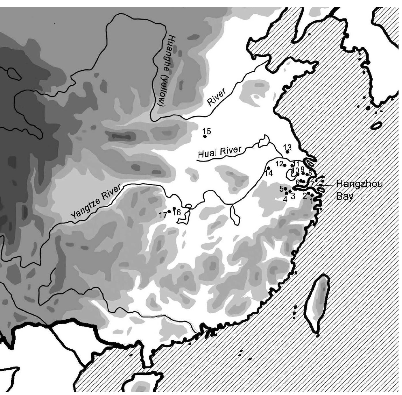 Map of the middle and lower yangtze showing archaeological