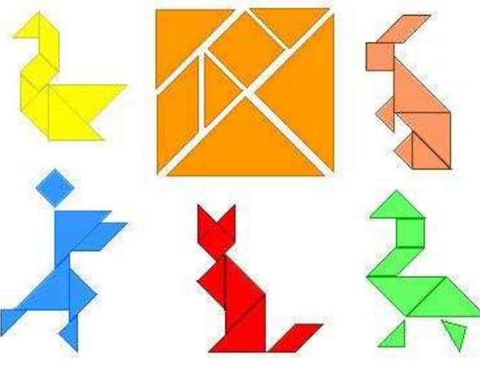 An example of a tangram set and designs that can be made