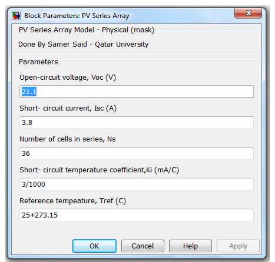Pv module masked physical model block parameters.